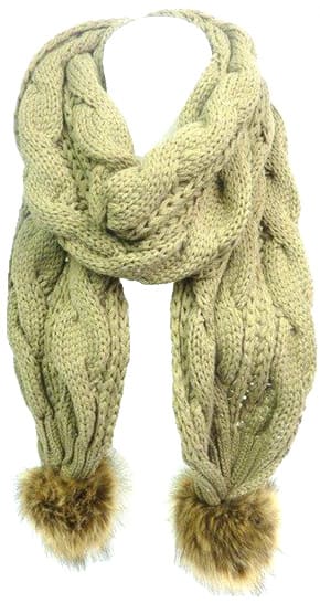 Echarpe tricot grosse cote unie kaki - pompon fourrure - Vêtements ...